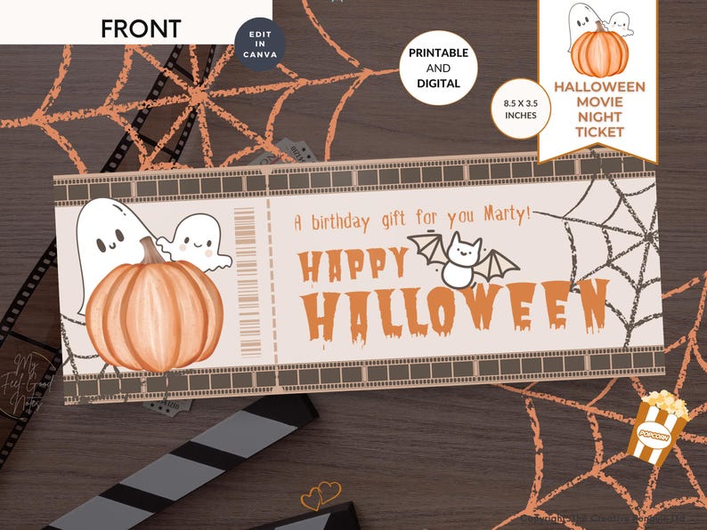Halloween Movie Night Ticket, Printable Invitation, Neutral, Editable ...