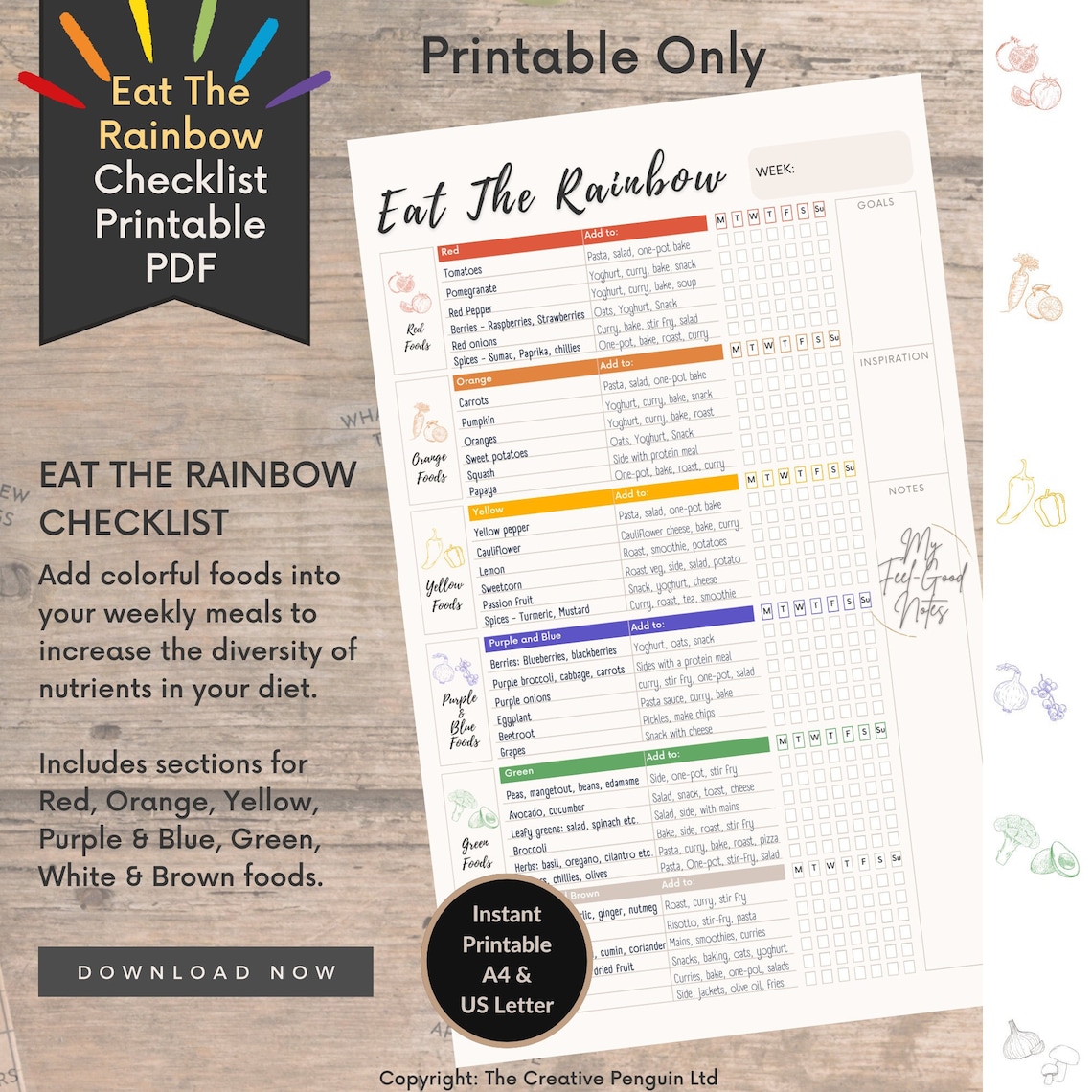 Eat the Rainbow Checklist Printable | | Healthy Food Tracker | Meal ...