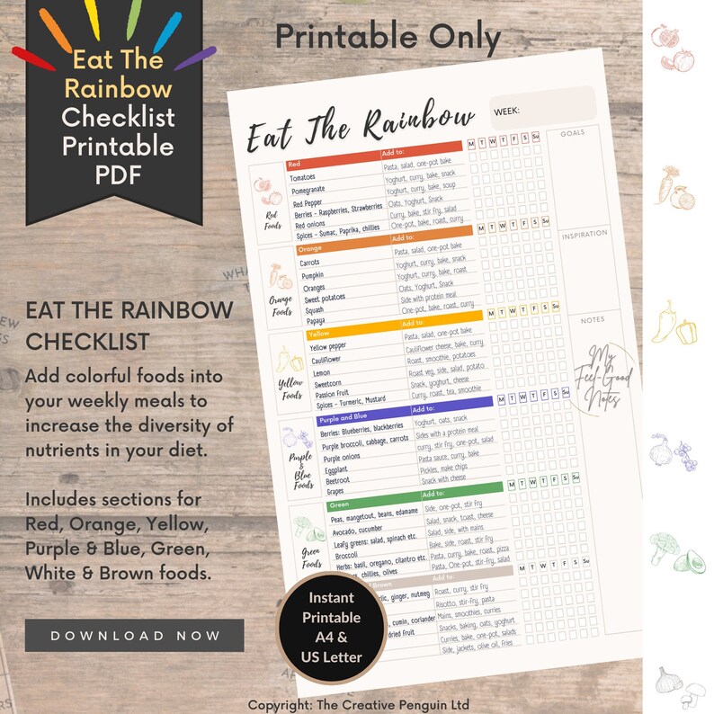 Eat the Rainbow Checklist Printable | | Healthy Food Tracker | Meal ...