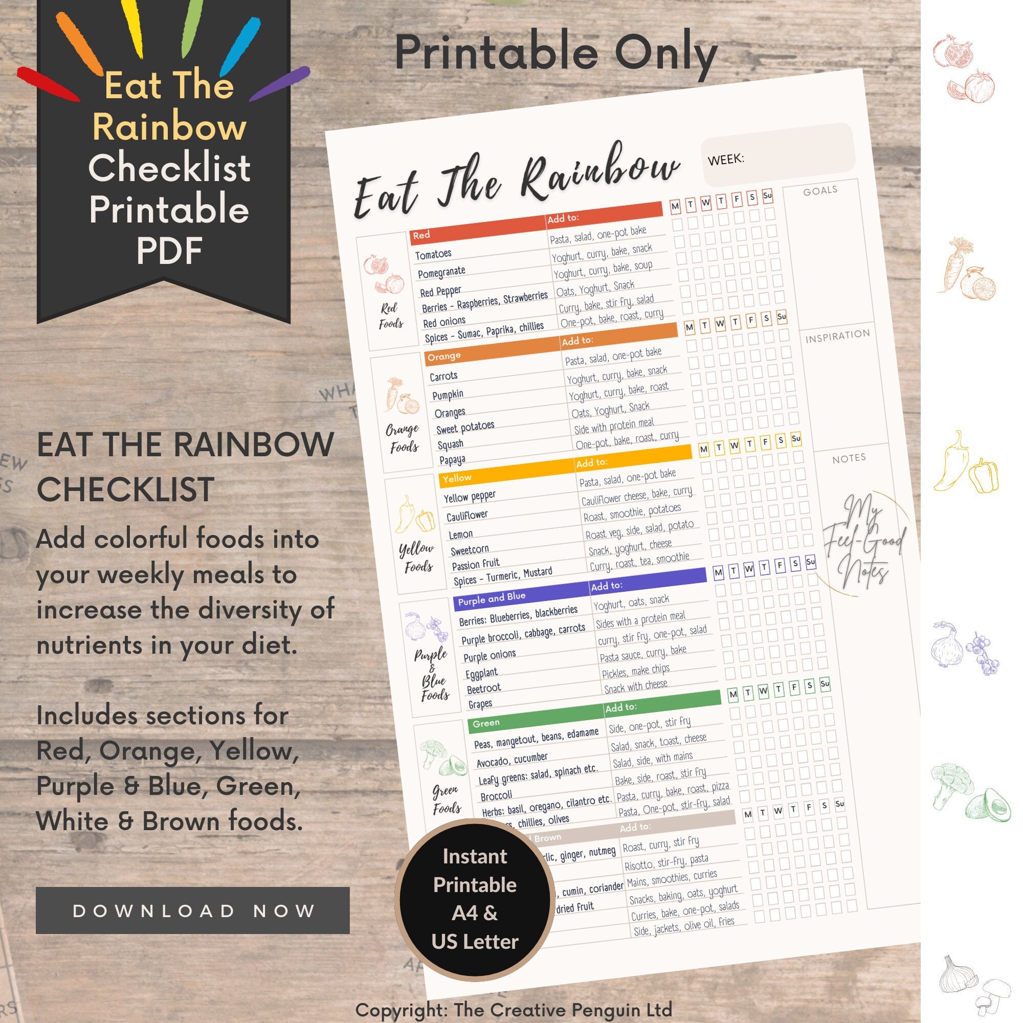 Eat the Rainbow Checklist Printable | | Healthy Food Tracker | Meal ...