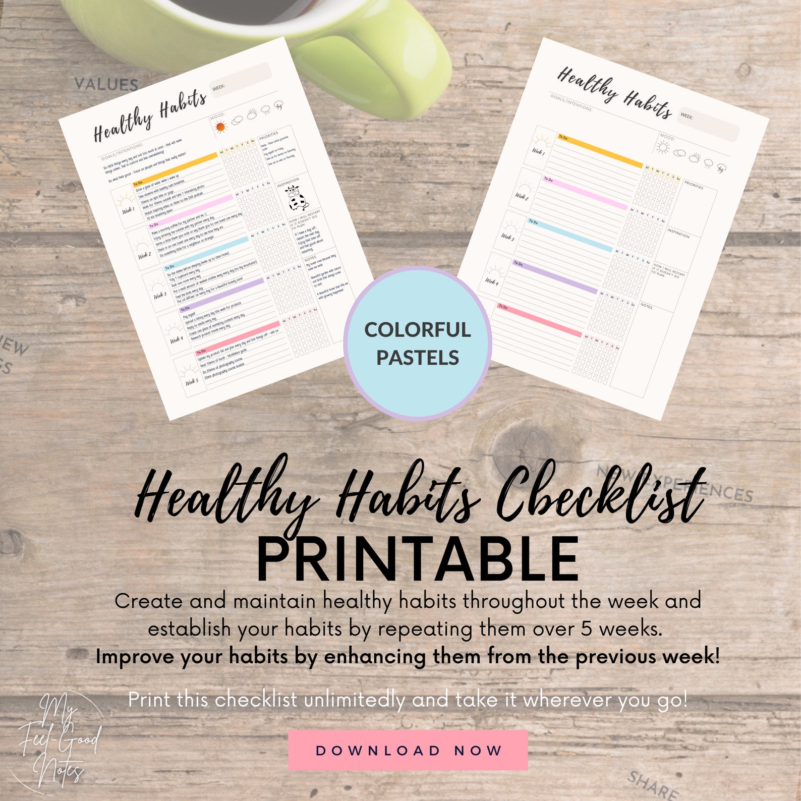 Daily Habit Tracker Printable Healthy Habits Checklist Pastel Rainbow ...