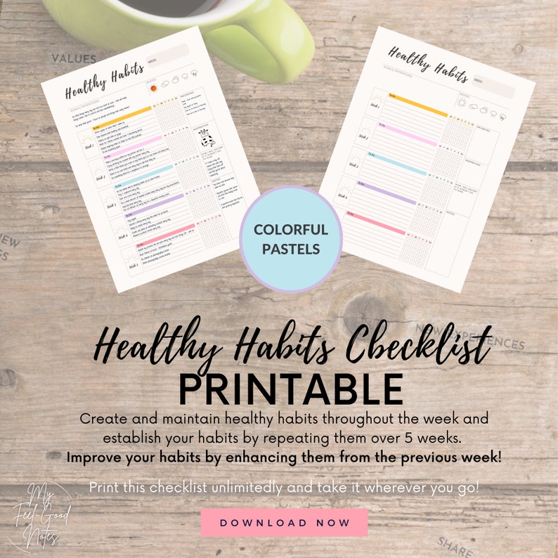Daily Habit Tracker Printable Healthy Habits Checklist Pastel Rainbow ...
