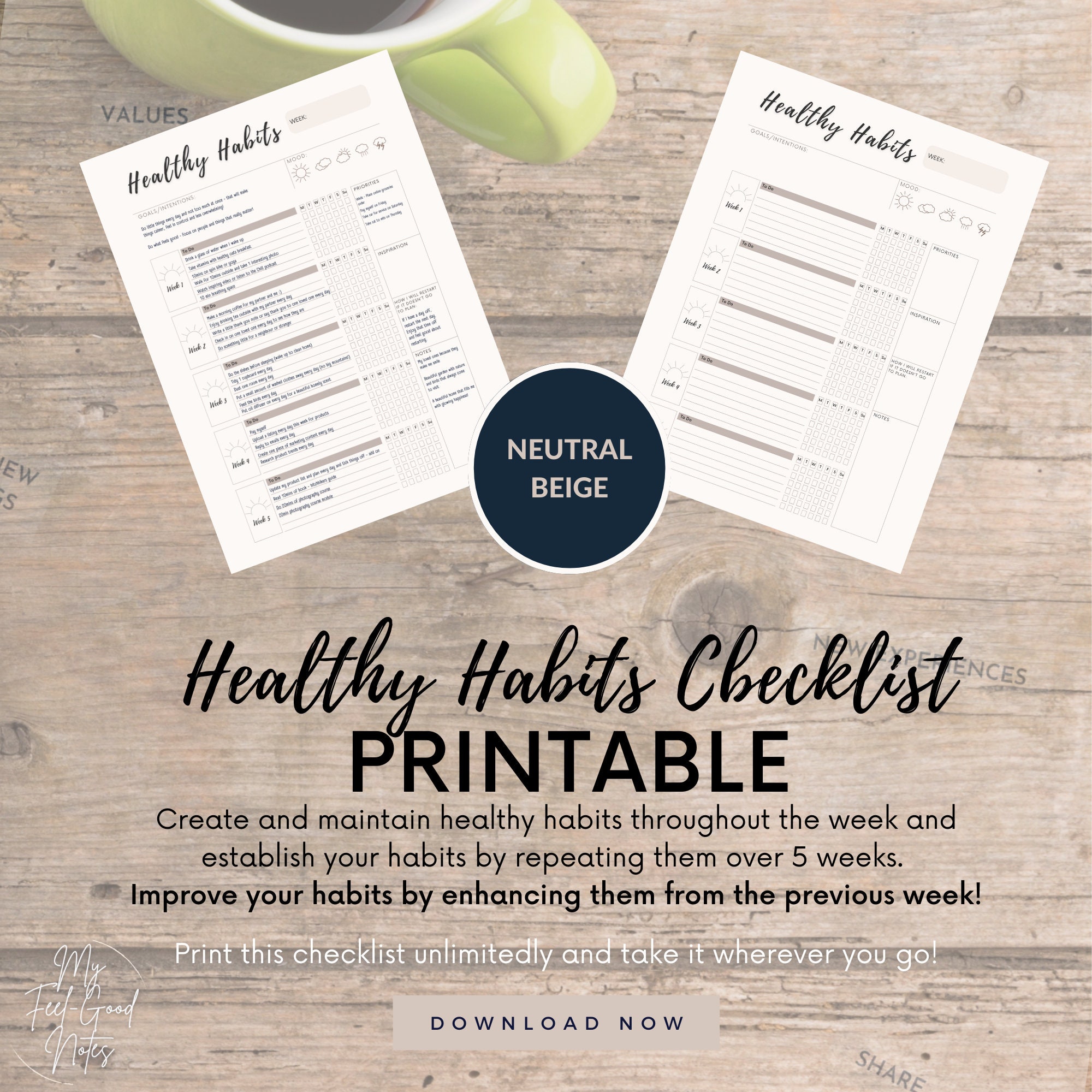 Daily Habit Tracker Printable Healthy Habits Checklist Neutral Routine ...