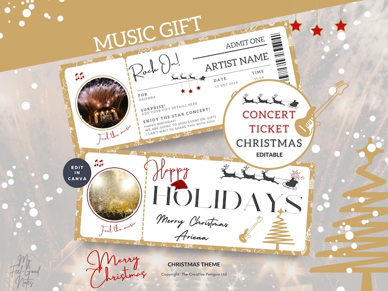 Concert Ticket Gift, Printable Editable, Christmas Canva Template ...