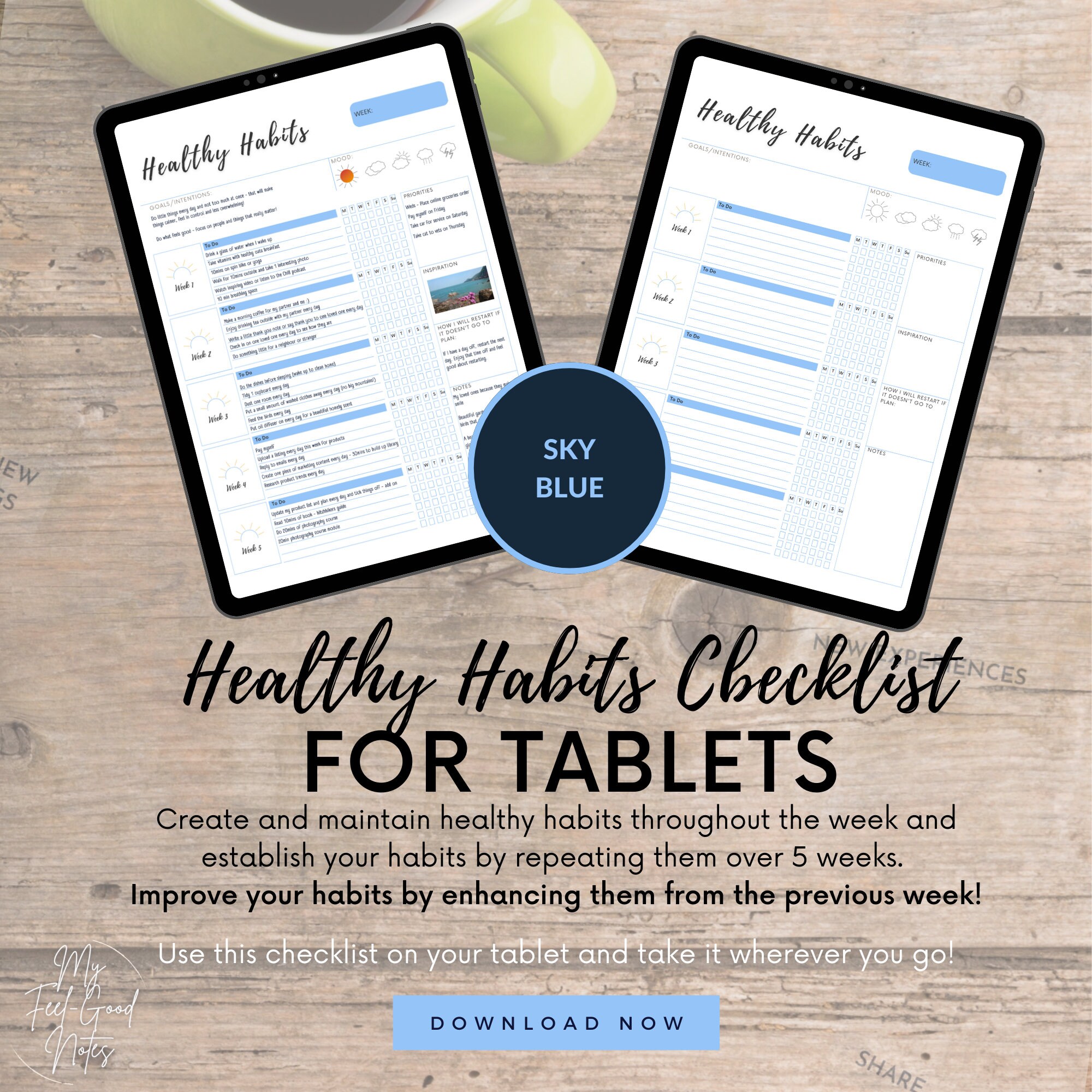 Healthy Habits Checklist Goodnotes Blue Aesthetic Minimalist Daily ...