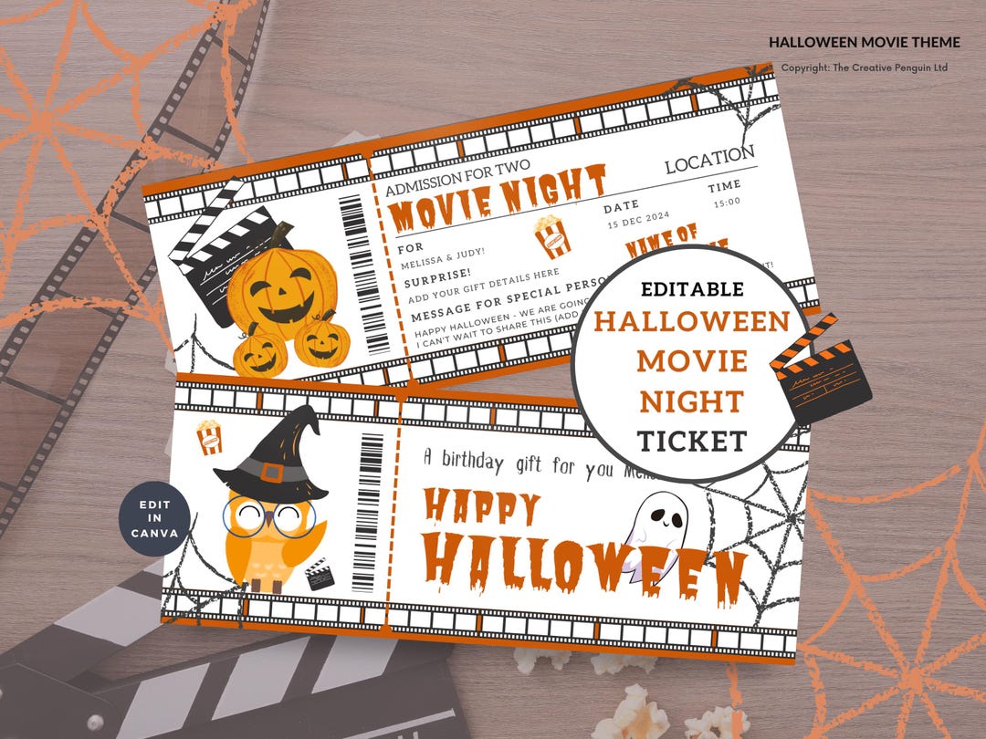 Halloween Movie Night Ticket, Printable Invitation, Editable Template ...