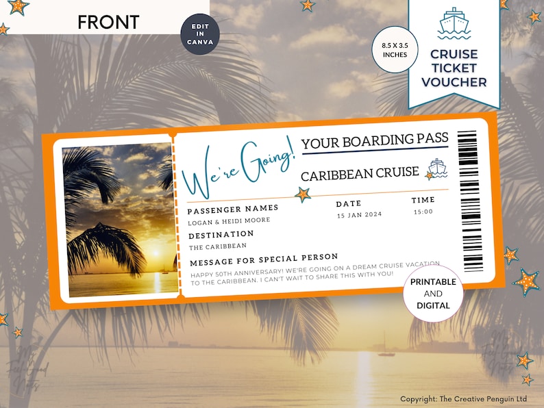 Cruise Boarding Pass Template, Personalized Ticket PDF, Printable Sun ...