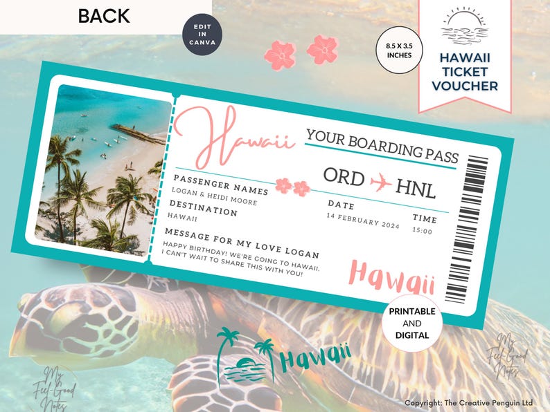 Hawaii Ticket Printable, Flight Boarding Pass Template, Surprise Plane ...