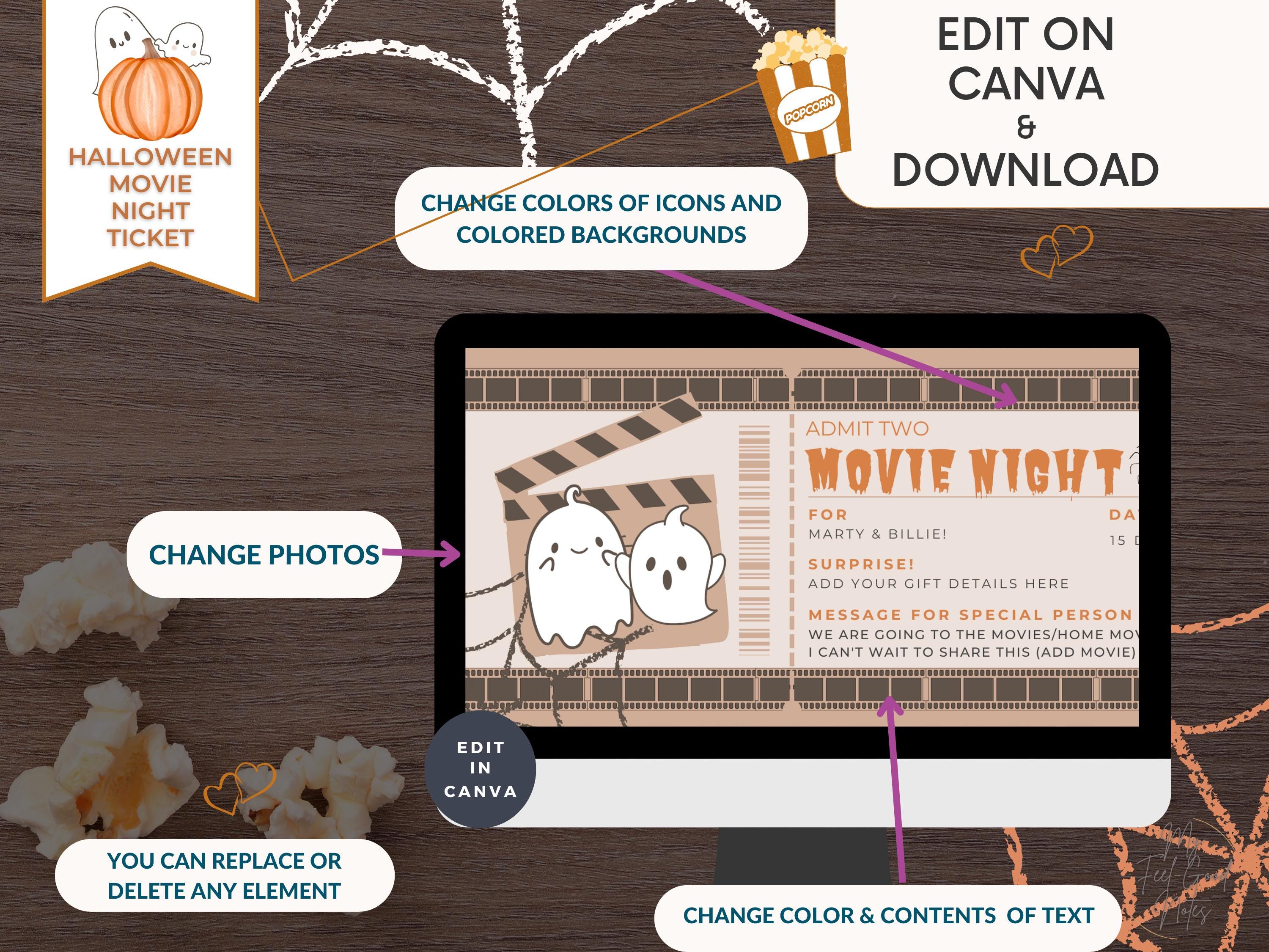 Halloween Movie Night Ticket, Printable Invitation, Neutral, Editable ...