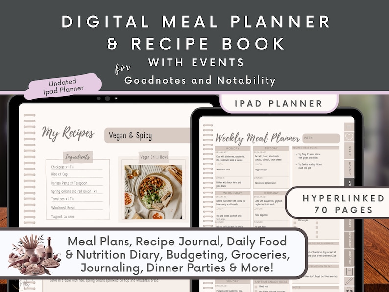 Digital Meal Planner and Recipe Book, Meal Prep, Goodnotes Food Journal ...