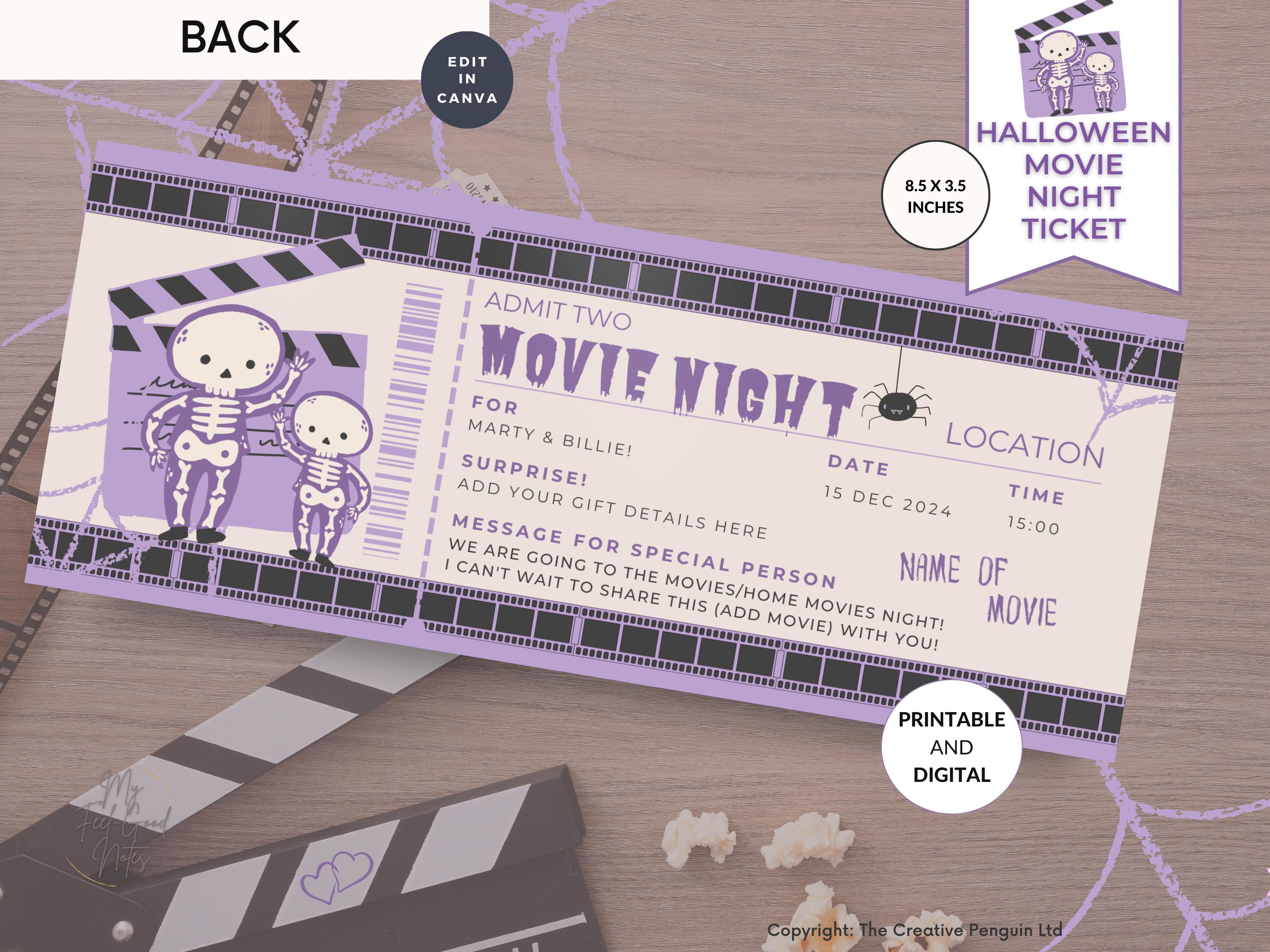 Halloween Movie Ticket, Printable Invitation, Editable Template ...