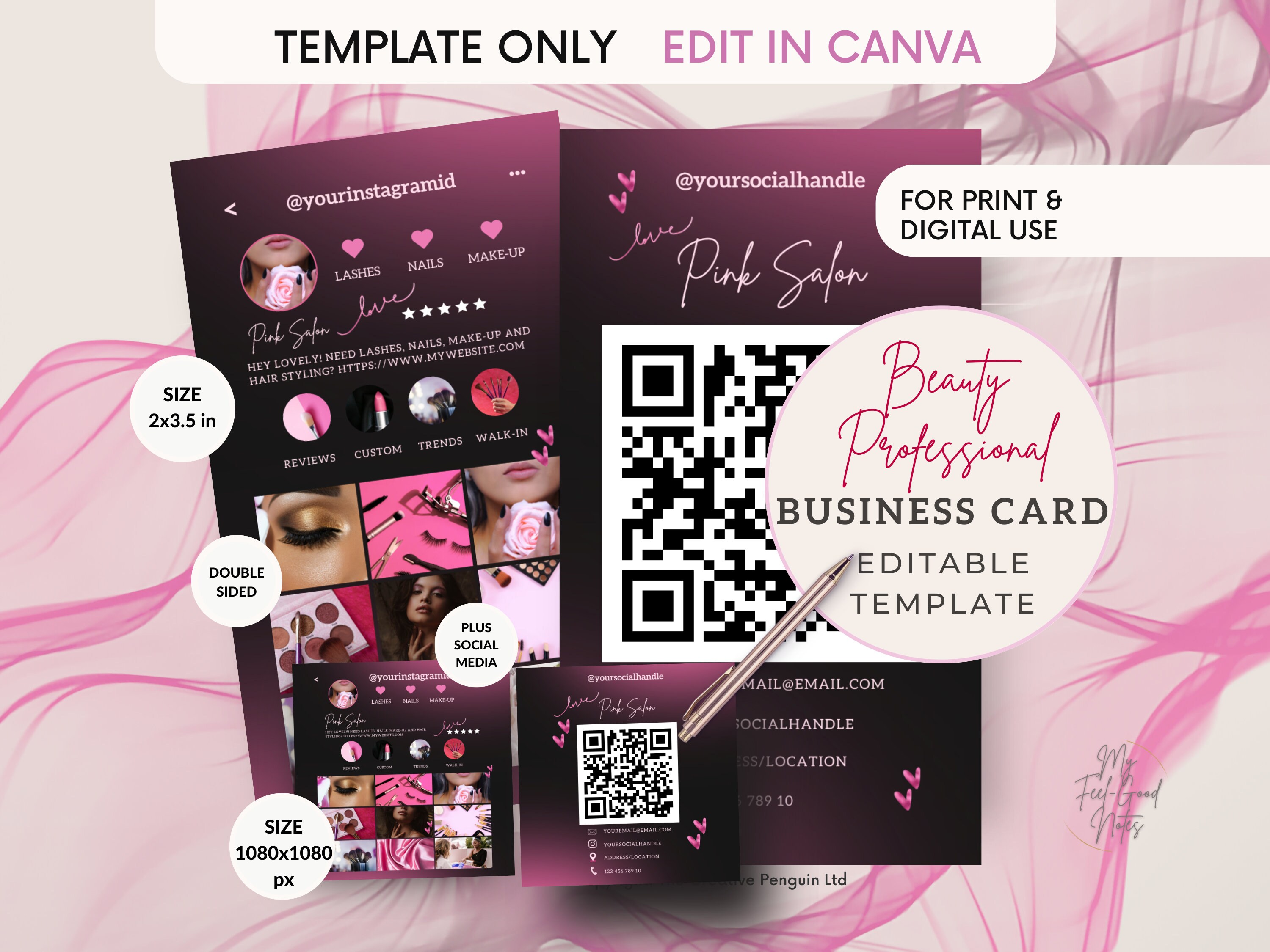 Photos QR Code Business Card Pink Canva Template Beauty - Etsy