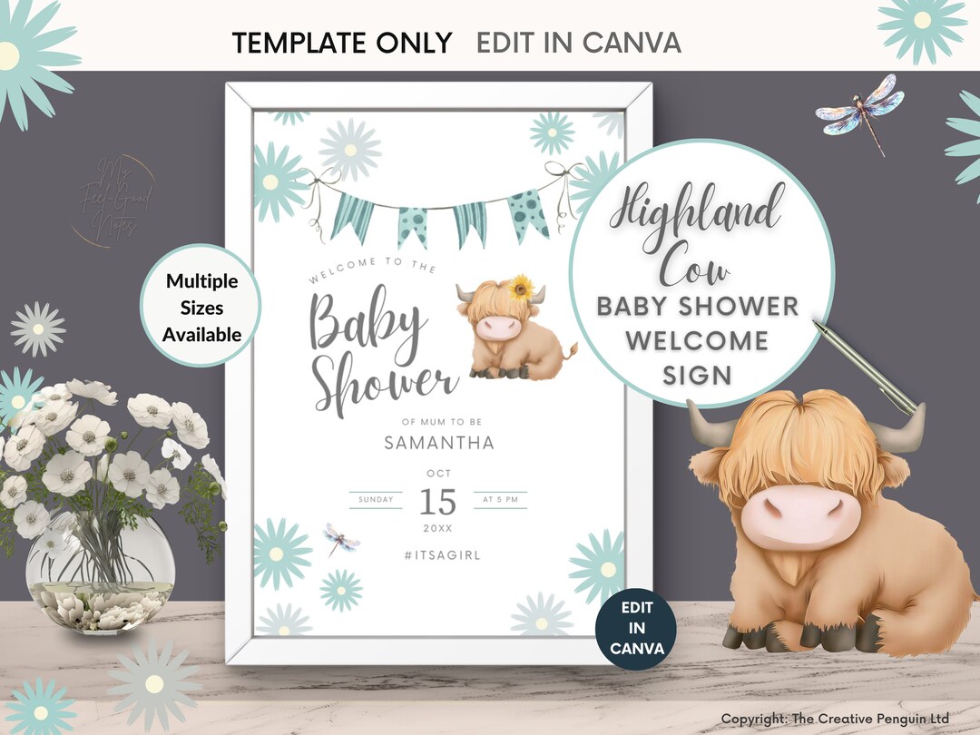 Highland Cow Welcome Sign for Baby Shower, Online Editable Templates ...