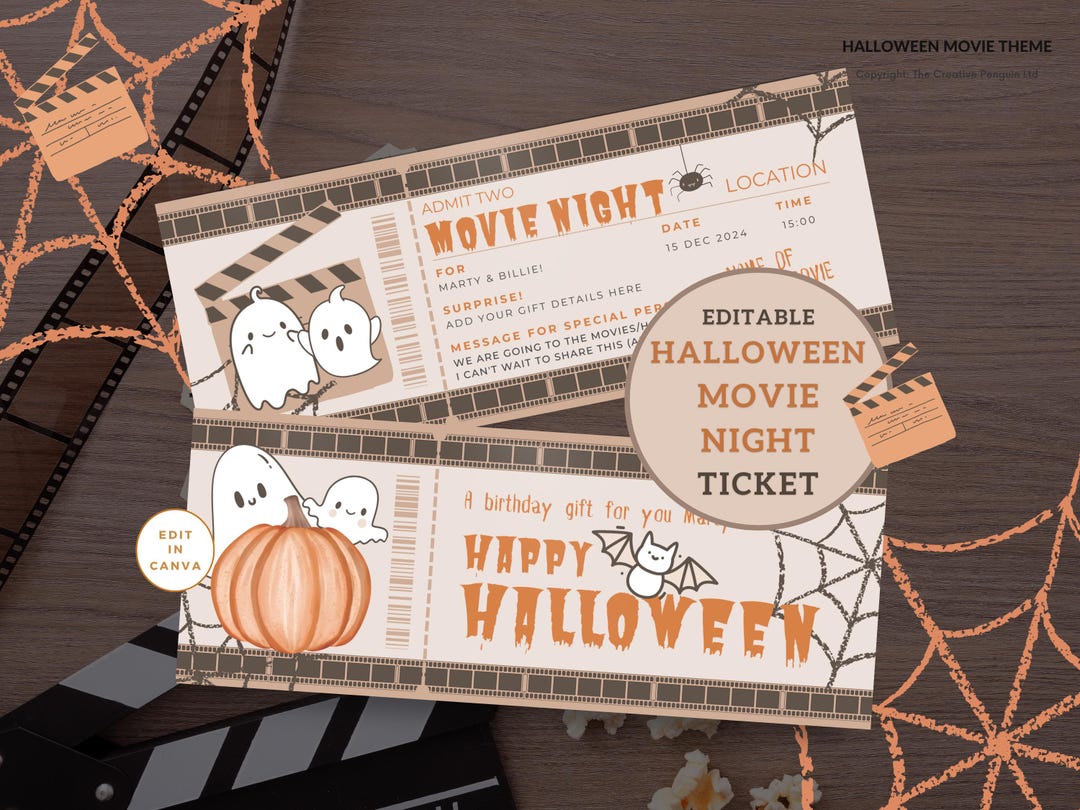 Halloween Movie Night Ticket, Printable Invitation, Neutral, Editable ...