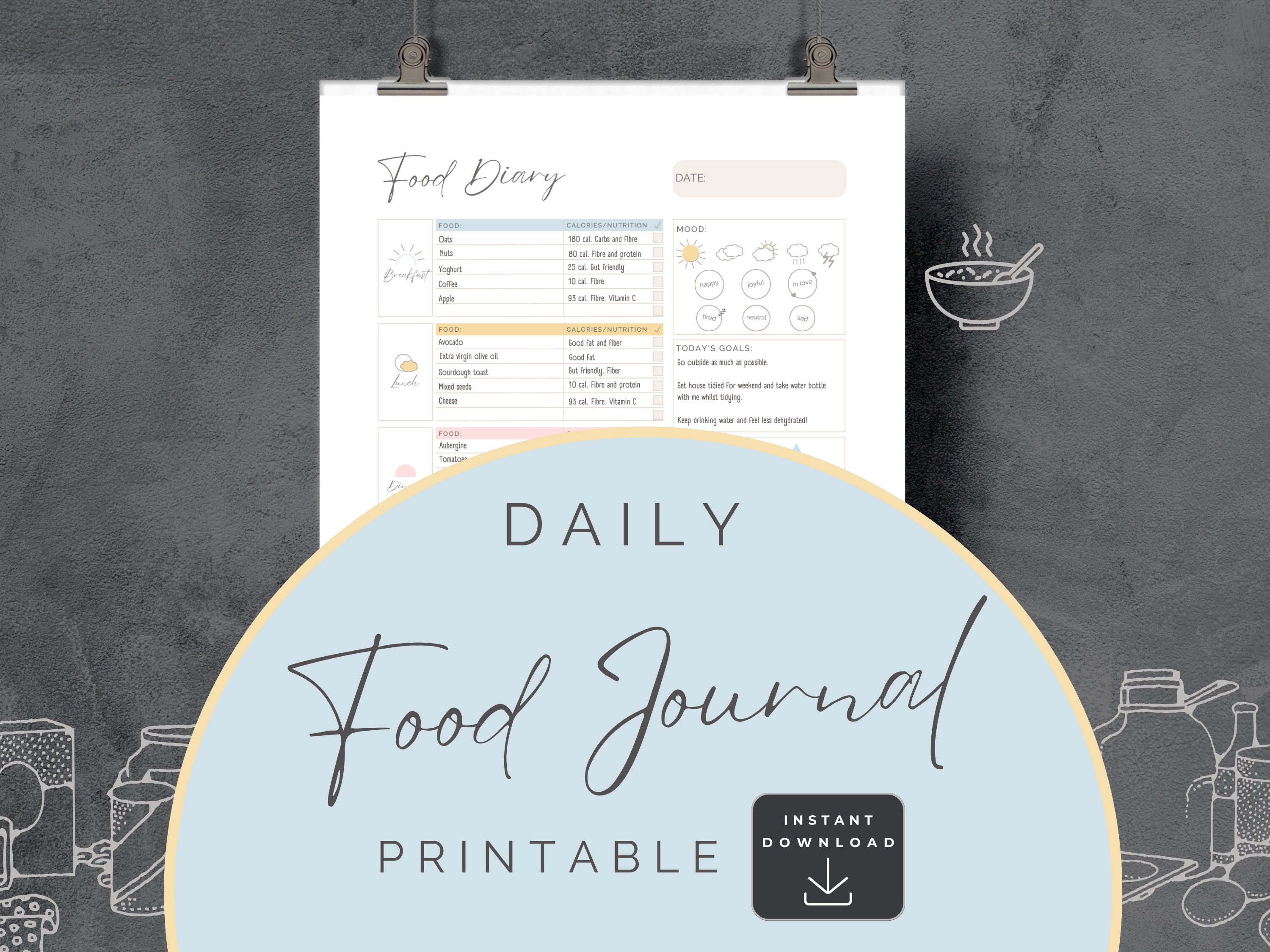 Daily Food Journal Printable, Meal Planner, Food Diary, Undated Health ...