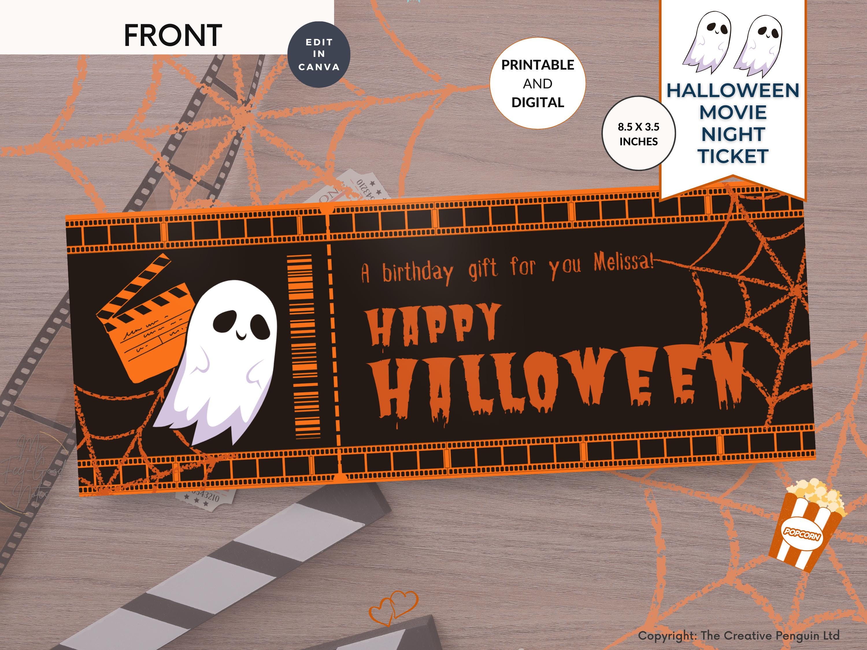 Halloween Movie Night Ticket, Printable Invitation, Editable Template ...