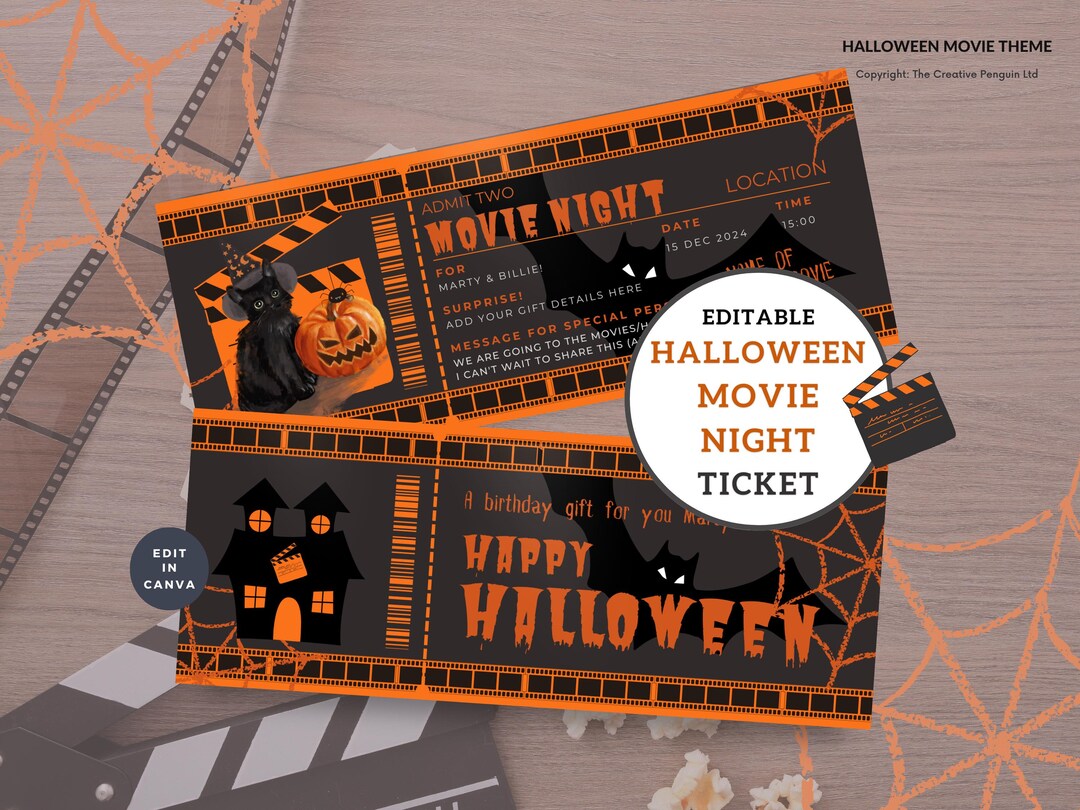 Printable Halloween Movie Night Ticket, Cat Pumpkin Invitation ...
