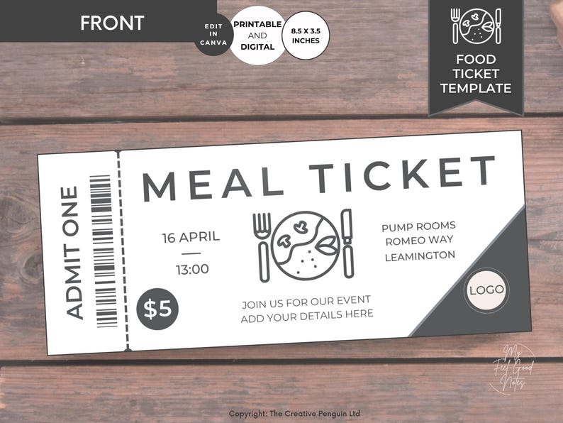 Meal Ticket Template, Food Truck, Editable Event Voucher, Restaurant ...