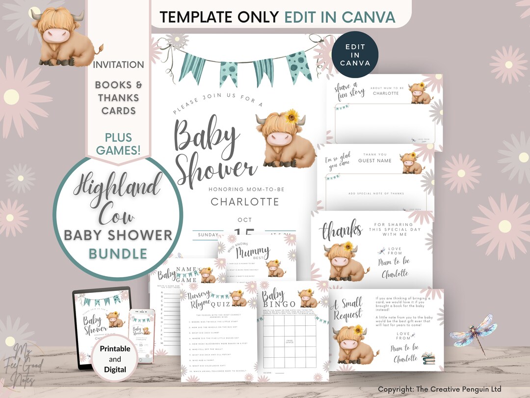Highland Cow Baby Shower Bundle, Baby Shower Game Bundle, Holy Cow ...
