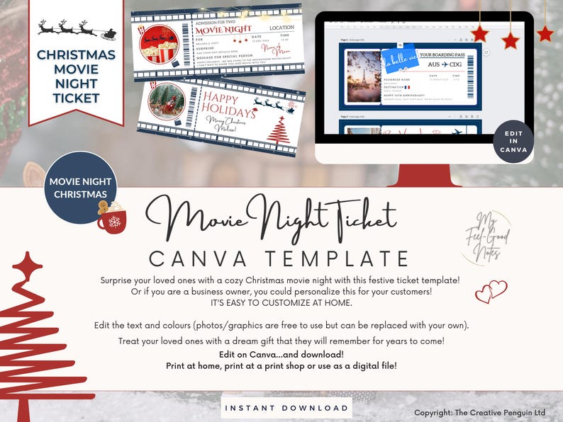 Movie Night Ticket Gift Template, Christmas Holidays, Canva Editable ...