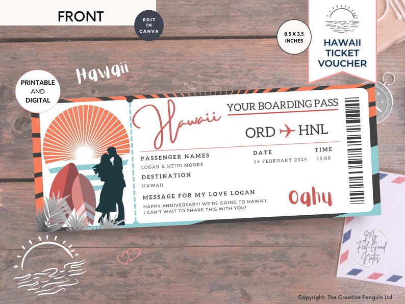 Hawaii Vacation Ticket, Printable Flight Boarding Pass Template ...