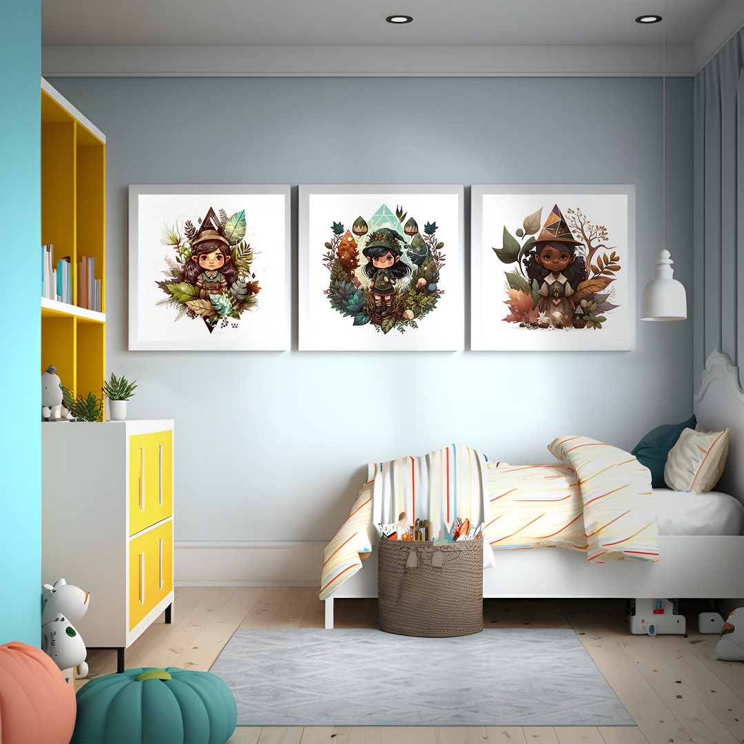 Green Leaf Elf Girl SET #1-#3 Illustration | Square Bedroom Art Prints ...