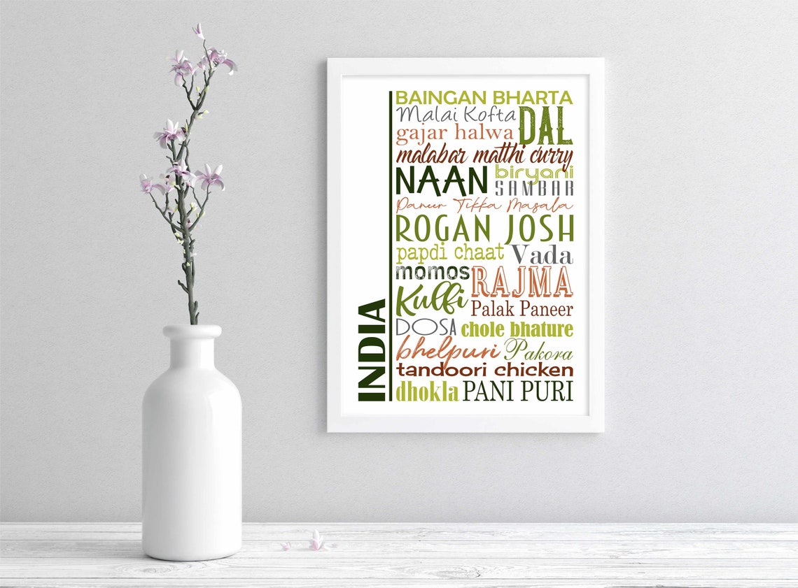 India Food Sign Printable Wall Art Traditional Indian Dishes Food List Word Art Digital Download ...