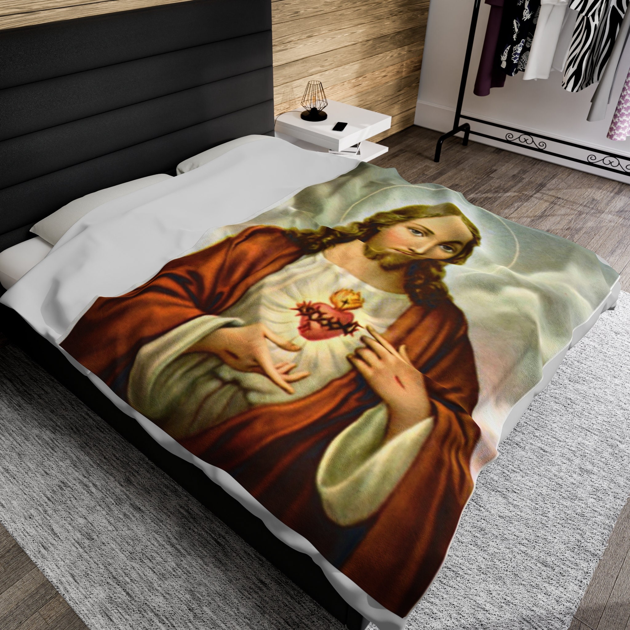 Sacred Heart of Jesus French Holy Card USA Plush Blanket - Etsy