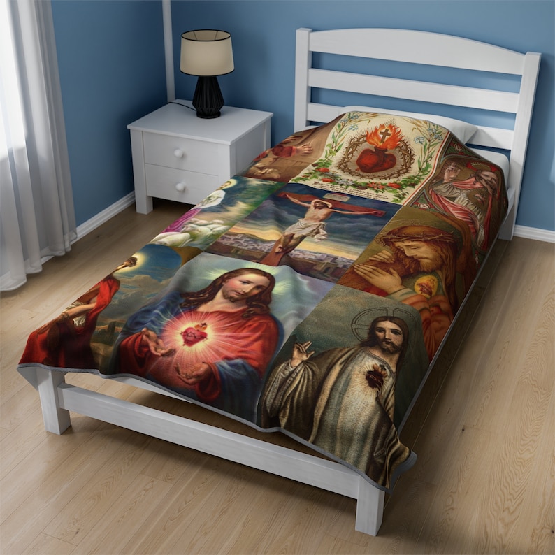 Jesus Sacred Heart Antique Holy Card (USA) Collection - Plush Cozy Blanket - Dad Mom Priest Gift ...