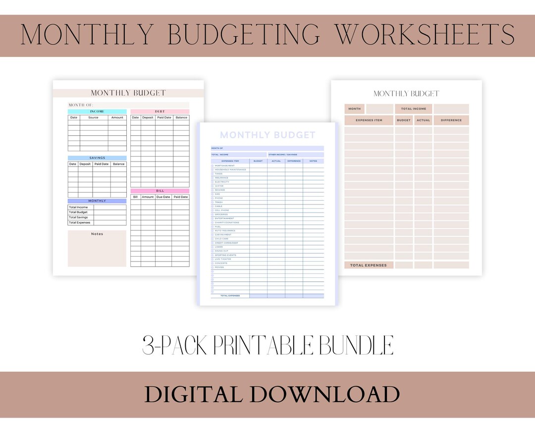 Monthly Budgeting Worksheets to Work on Budgeting Your Income ...