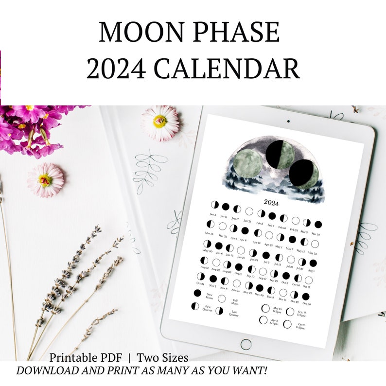 Moon Phases 2024 Printable, Instant Download, Moon Cycle, Moon Calendar, Eclipses, Lunar Moon ...