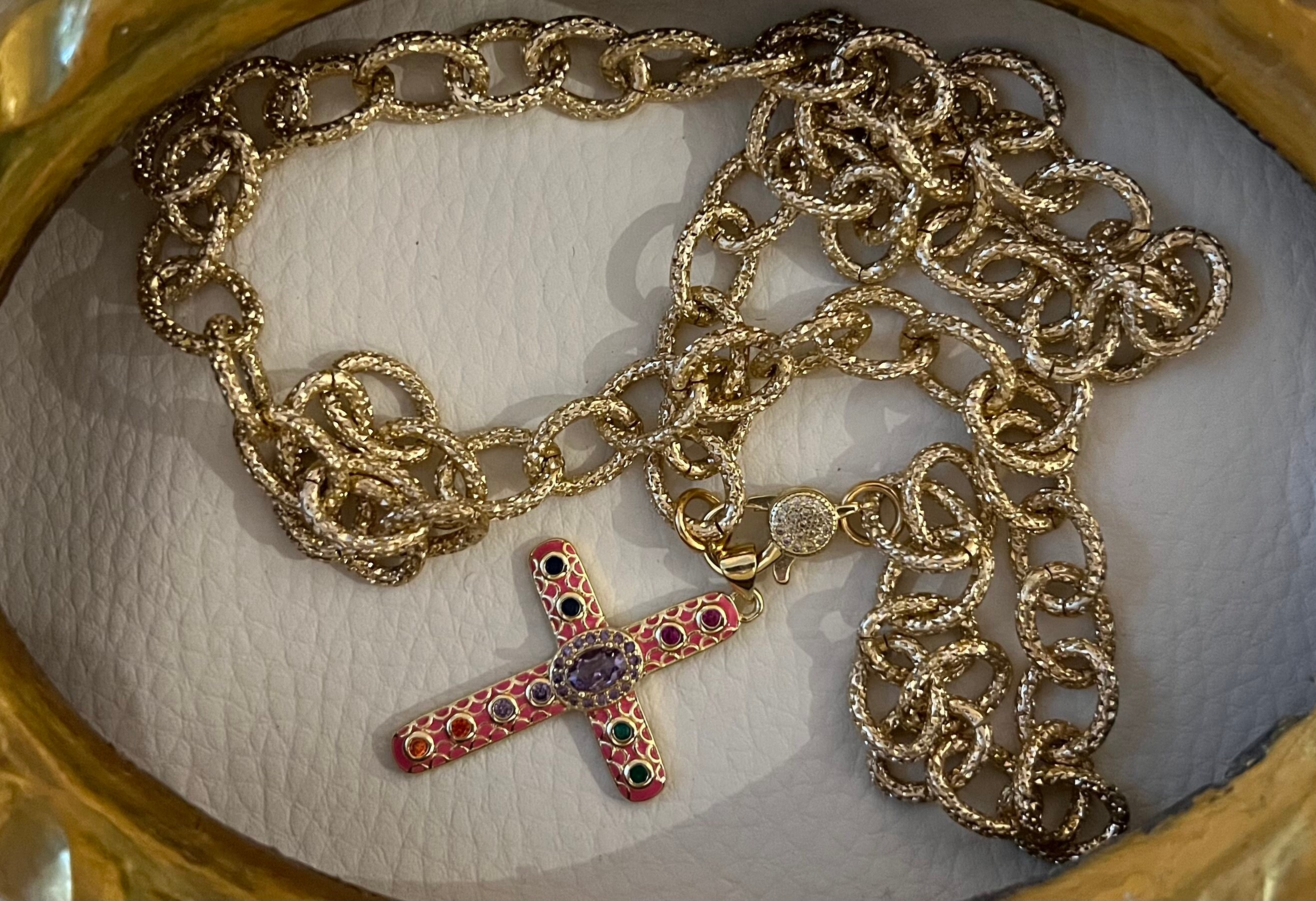 Sacred and Profane Golden Chain With Cross Pendant in Dark Pink Enamel ...
