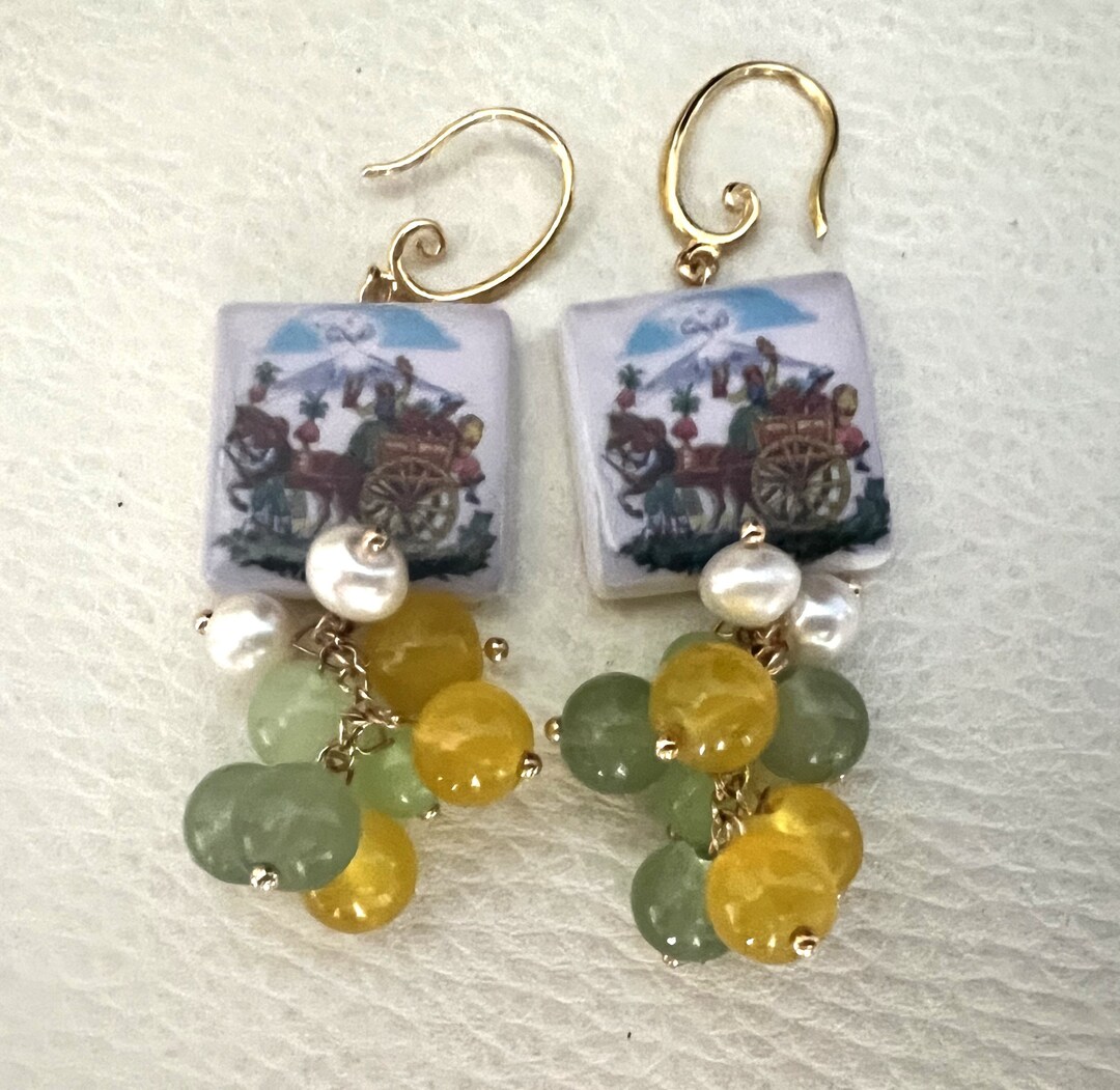 Sicilian Cart Ceramic Earrings. Freshwater Pearls, Yellow Calcite and ...