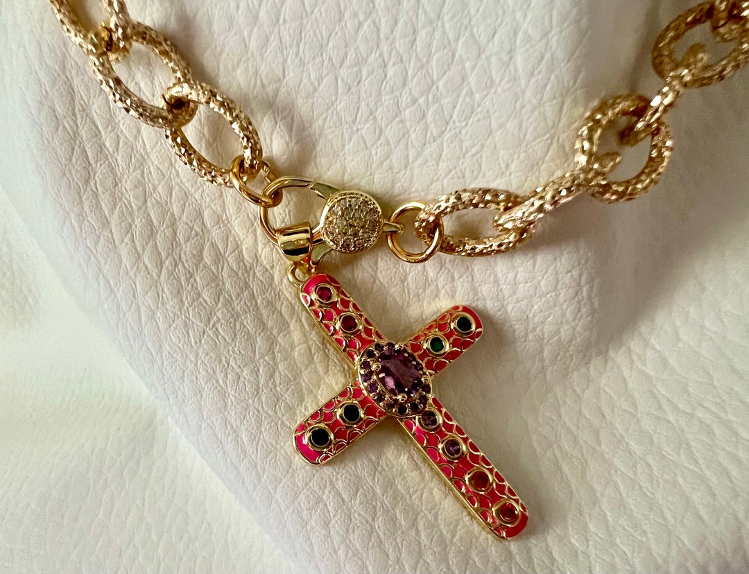 Sacred and Profane Golden Chain With Cross Pendant in Dark Pink Enamel ...