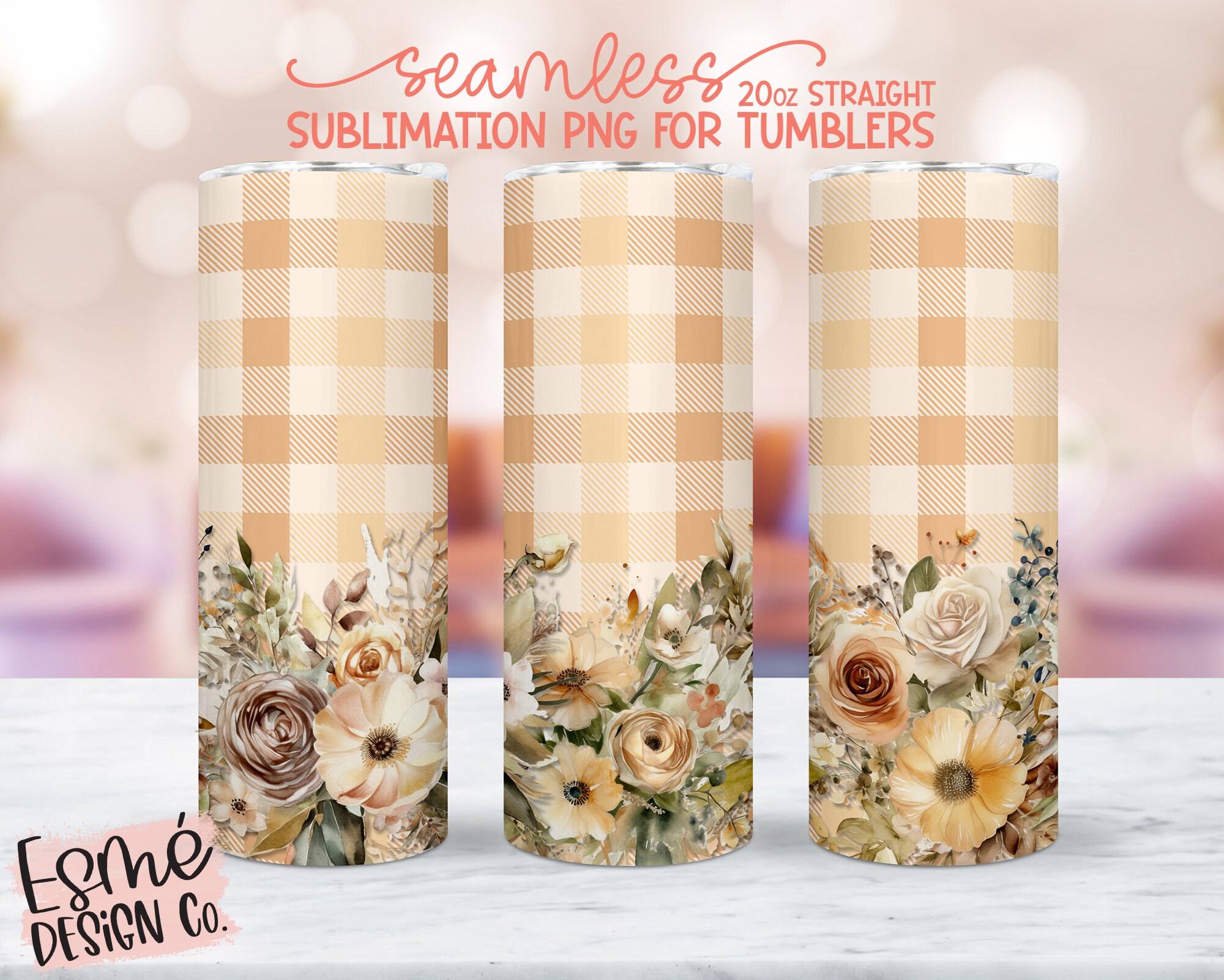 Neutral Flowers & Gingham Tumbler PNG 20oz Straight Tumbler - Etsy