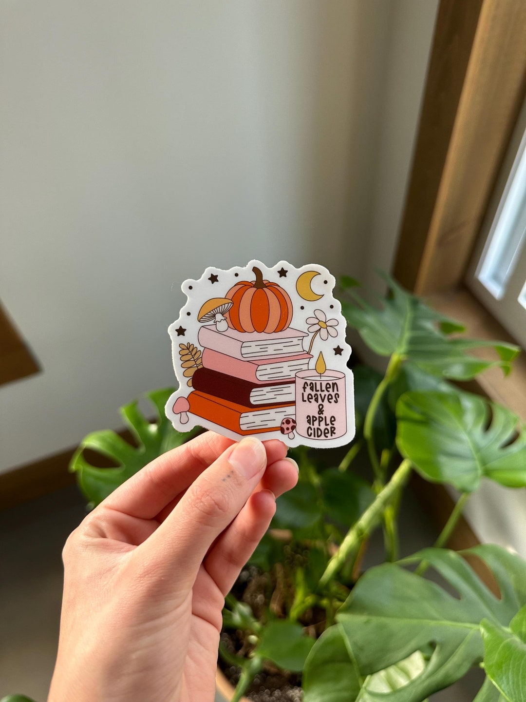 Fall Book Stack Sticker, Fallen Leaves & Apple Cider, Cute Autumn ...