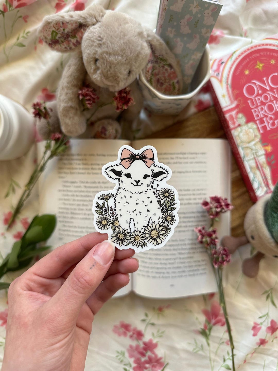 Floral Lamb Sticker – Cute Lamb With Bow and Flowers, Vinyl Sticker for ...