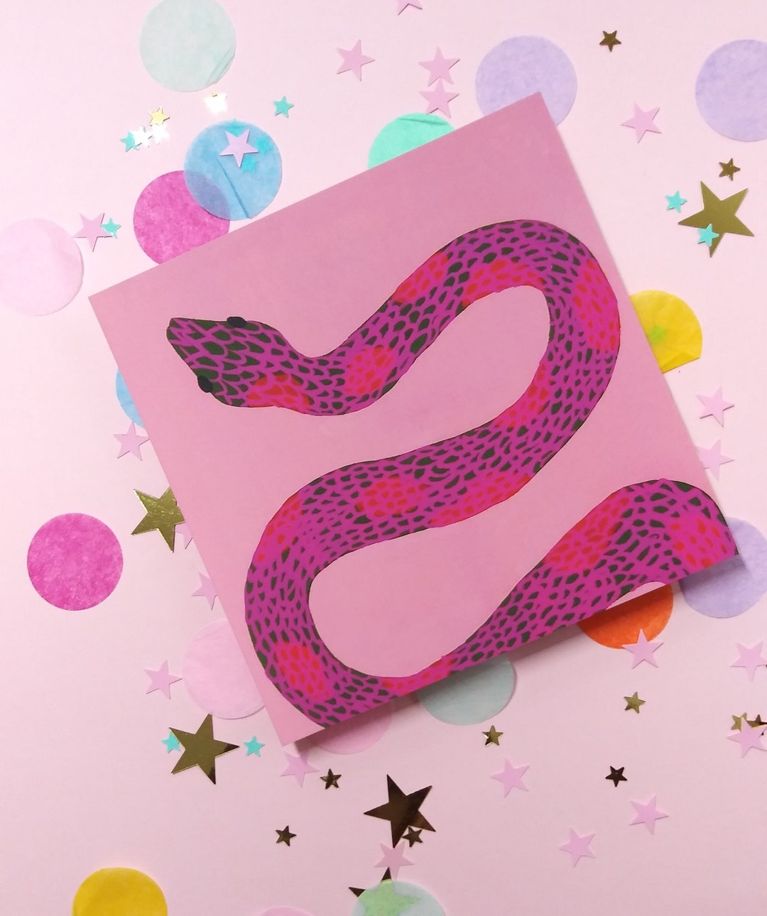 Pink Snake Square Postcard, Illustrated Greeting Card, Square Mini Art ...