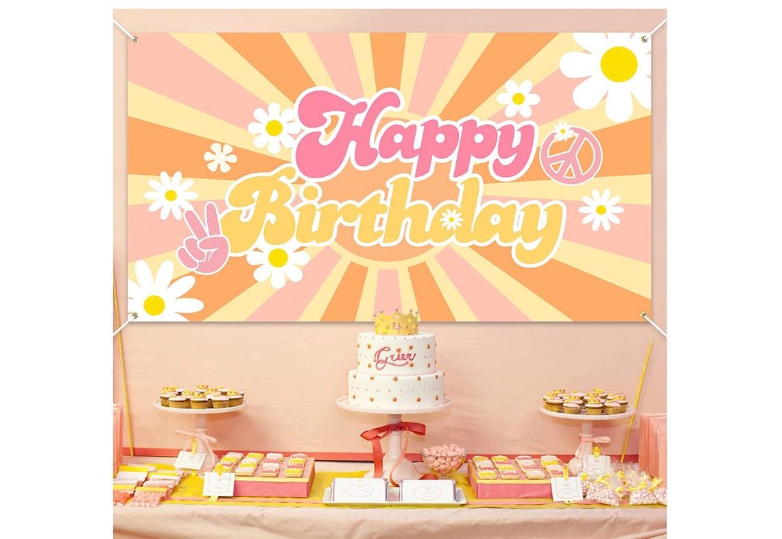 Groovy Retro Hippie Boho Party Happy Birthday Banner Flower Birthday ...
