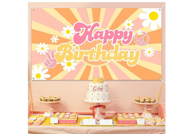 Groovy Retro Hippie Boho Party Happy Birthday Banner Flower Birthday ...