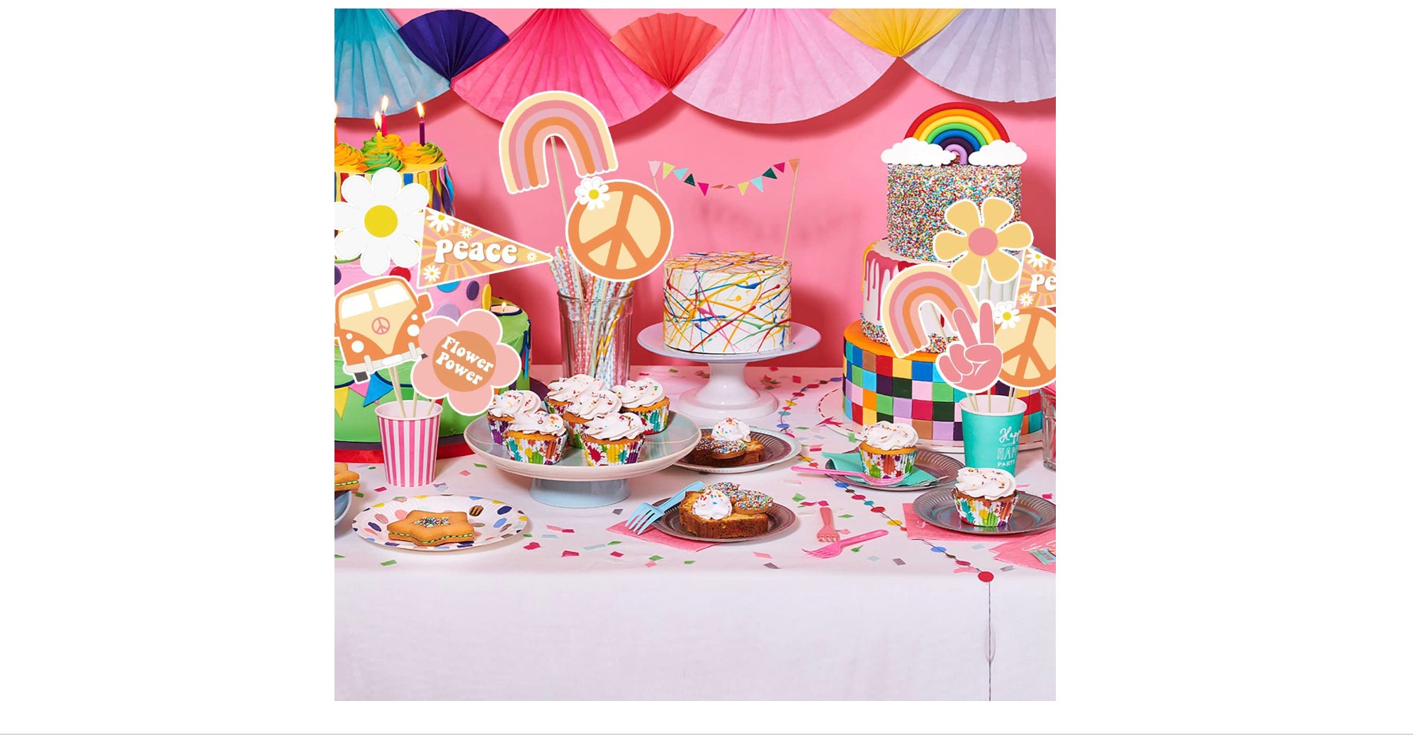 Groovy Retro Hippie Boho Party Centerpieces for Tables Toppers Rainbow ...