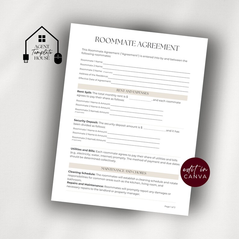 Roommate Agreement Printable Contract, Roommate Contract, Roommate ...