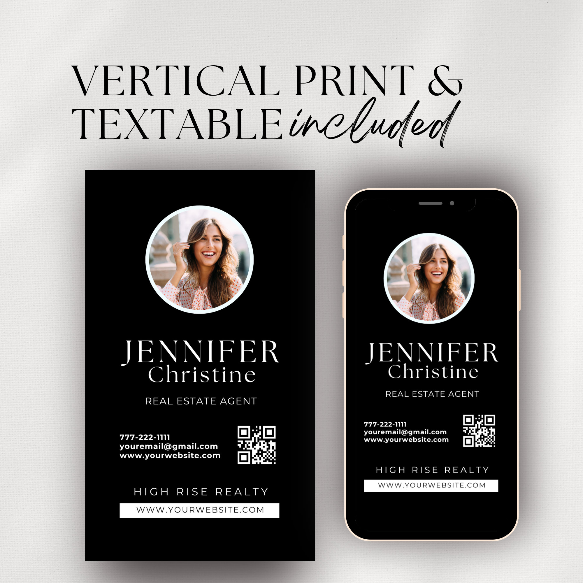 Vertical Real Estate Business Card With QR Code, Business Card Canva ...