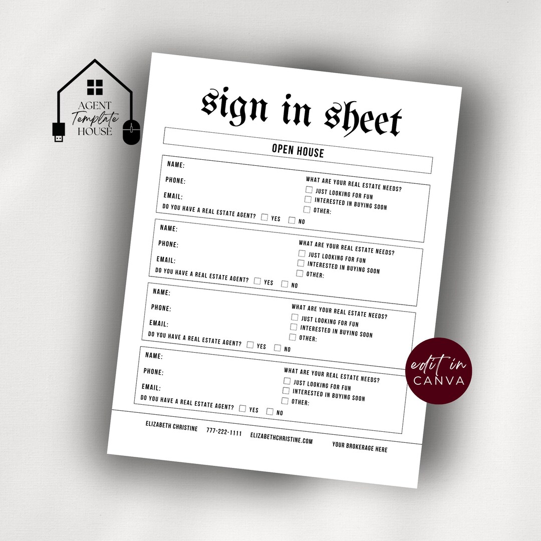 Open House Sign in Sheet, Realtor Sign In, Broker Sign In, Sign in Form ...