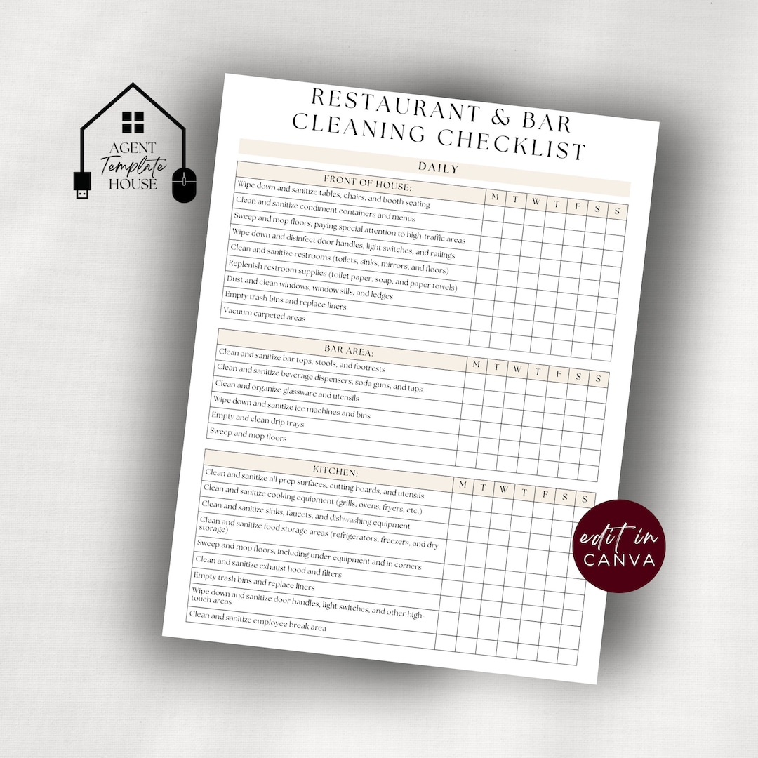 Restaurant Cleaning Checklist, Bar Cleaning List Printable, Commercial ...