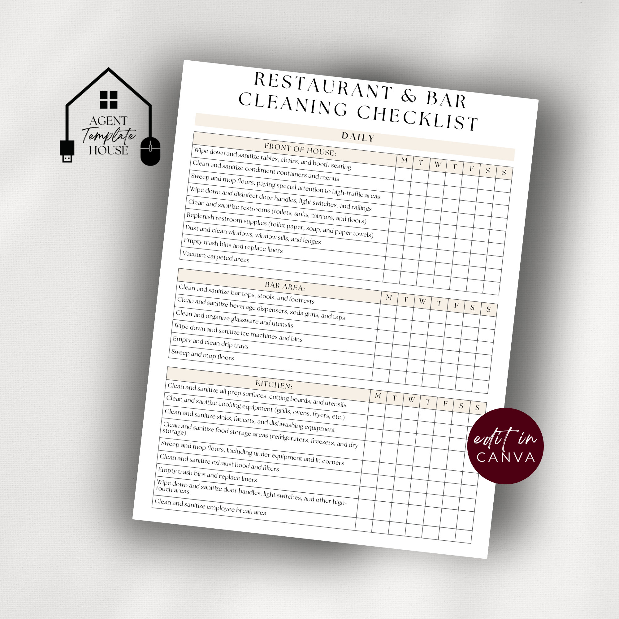 Restaurant Cleaning Checklist, Bar Cleaning List Printable, Commercial ...
