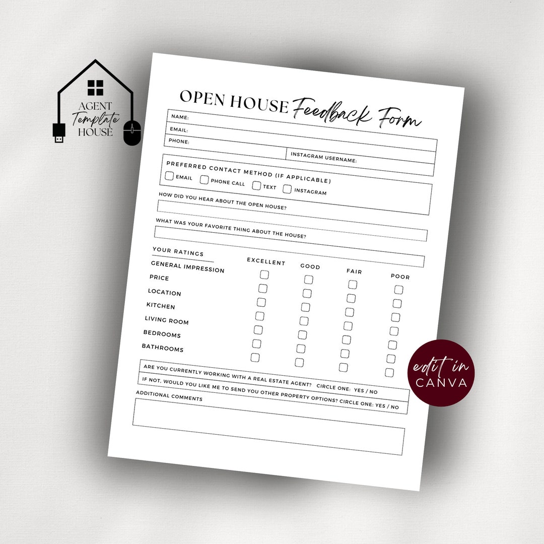 Open House Feedback Form, Open House Printable, Realtor Open House Form ...