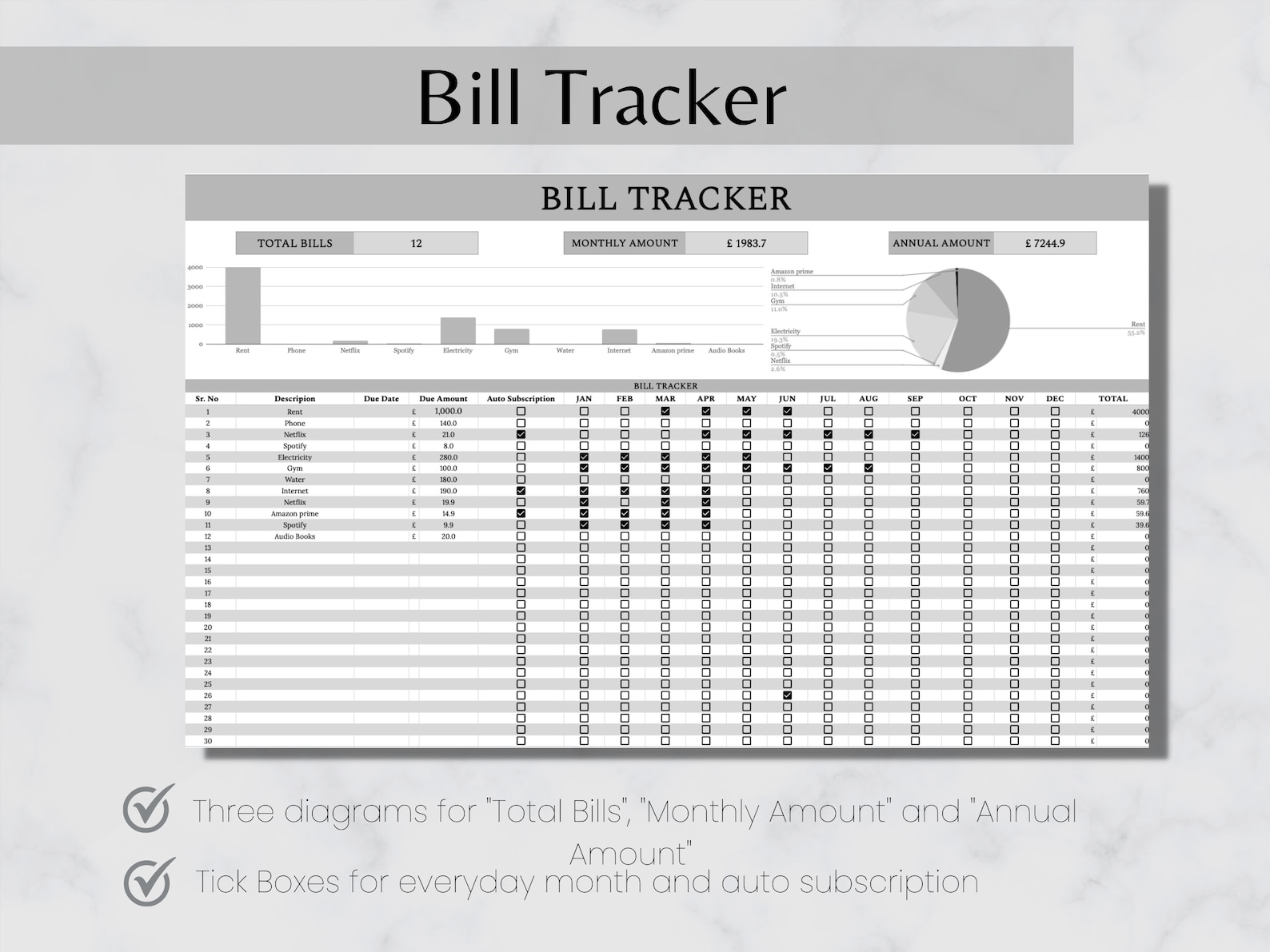 Yearly Bill Tracker Google Sheets Spreadsheet Template, Monthly Budget ...