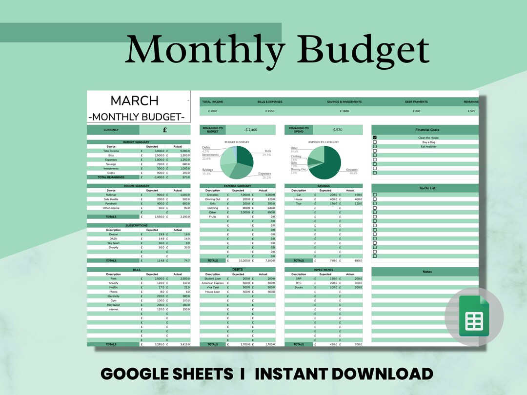 Monthly Budget Google Sheets Expense Tracker Template, Budget by ...