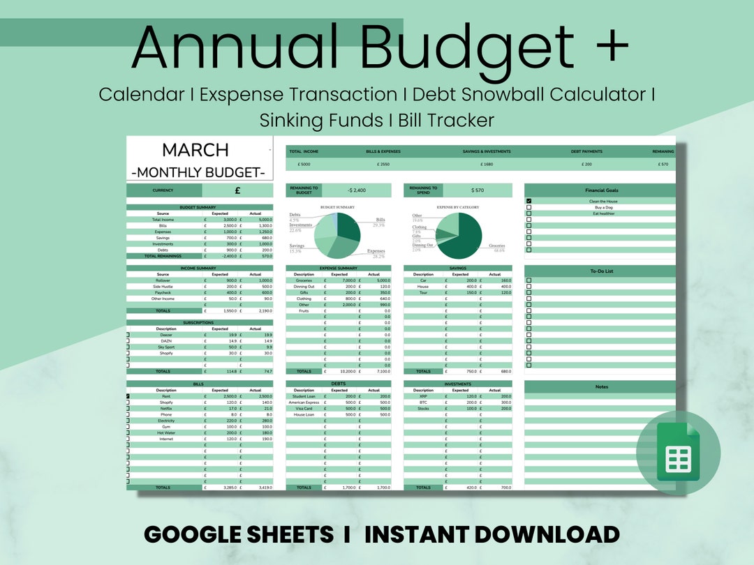 Annual Budget Google Sheets Spreadsheet, Monthly Excel Finance Planner ...